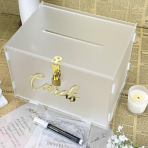 FCDECOR 11" Acrylic Wedding Card Box with Lock, Frosted Gift Card Box for Wedding Decorations for Reception, Honeymoon Fund Money Box for Bridal Shower Decorations Party Reception Anniversary