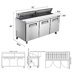 JINSONG 72" Refrigerator Sandwich & Salad Prep Table, Stainless Steel Refrigerated Food Prep Station, 20 cu. ft with Cutting Board and 30 Pans for Restaurants, Bar, Shops, etc