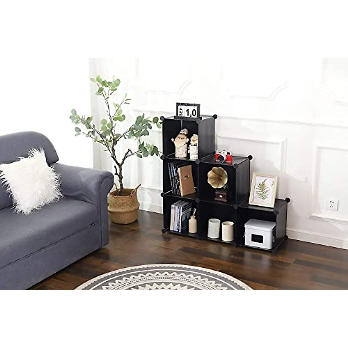 YCOCO Cube Storage Organizer 6-Cube Closet Storage Shelves with Wooden Mallet,Closet Cabinet Bookshelf,Plastic Square Cube Storage for Home,Office, Kids Room,Black