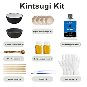 Kintsugi Repair Kit, Repair Your Meaningful Pottery with Gold Powder Glue - Comes with Two Practice Ceramic Cups for Starter