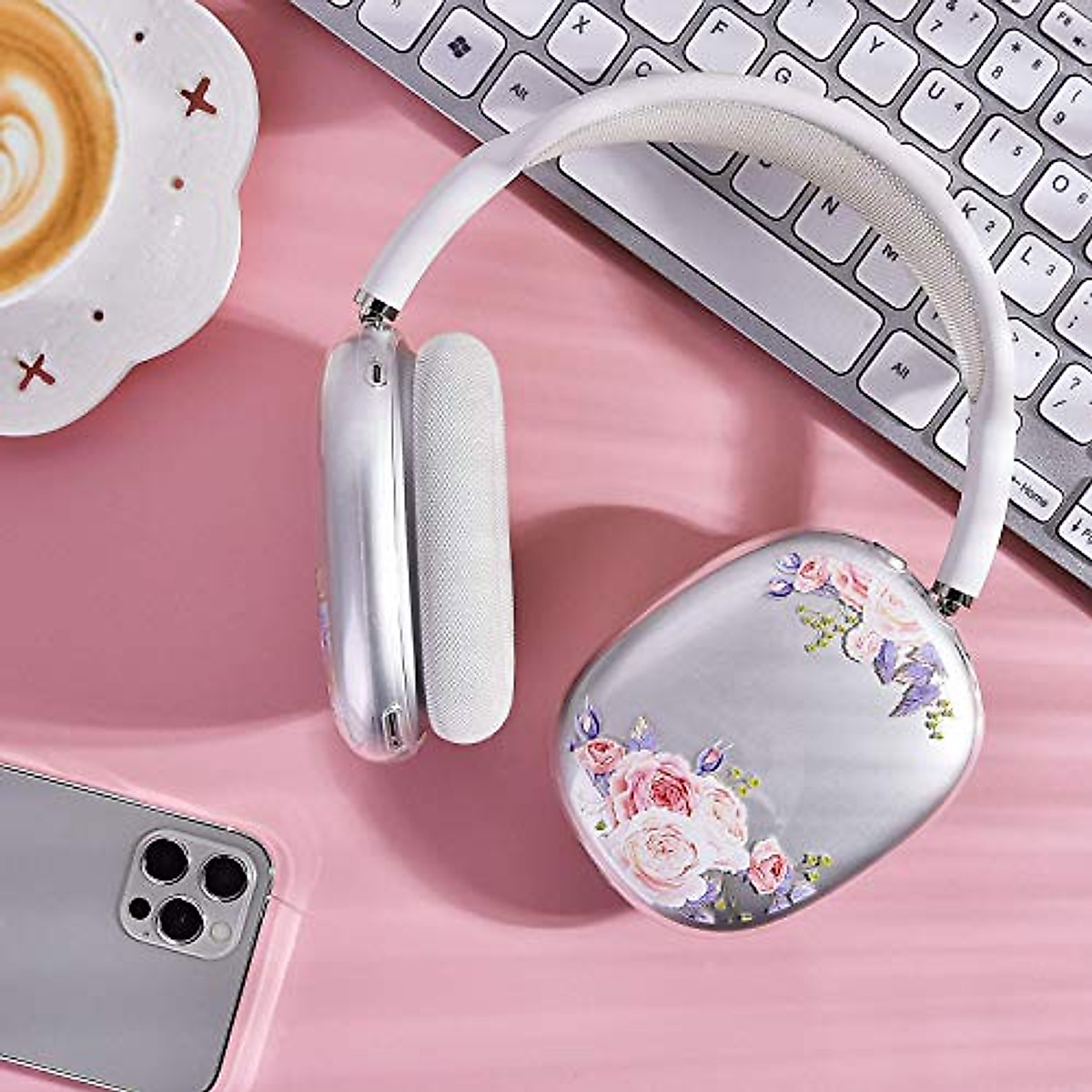 MOFREE Case Compatible for AirPods Max Headphones,Cute Flower Clear TPU Shock-Proof and Shatter-Resistant Protective Full Cover Case for AirPods Max(Pink Flower)