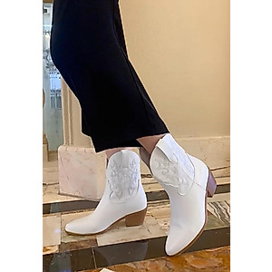 STALOV Short Cowgirl Boots for Women Embroidered White Cowboy Ankle Boots,Pointed Toe Low Chunky Heel Pull On Western Stitched Boots