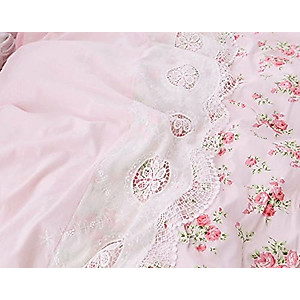 LELVA Romantic Roses Print Duvet Cover Set with Bed Skirt Pink Lace Ruffle Floral Shabby Chic Bedding Sets Queen 4 Piece