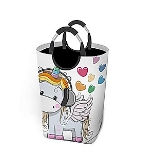 Wondertify Unicorn Headphones Hearts Laundry Hamper Cute Cartoon Fairytale Unicorn Listen Music Clothes Basket With Easy Carry Handles For Clothes Organizer Toys Storage