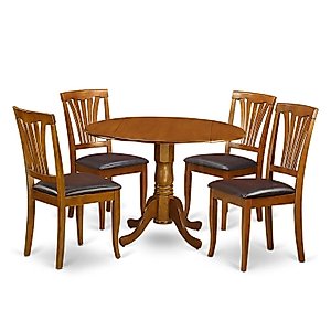 East West Furniture DLAV5-SBR-LC 5 Piece Dining Room Table Set Includes a Round Kitchen Table with Dropleaf and 4 Faux Leather Upholstered Dining Chairs, 42x42 Inch, Saddle Brown