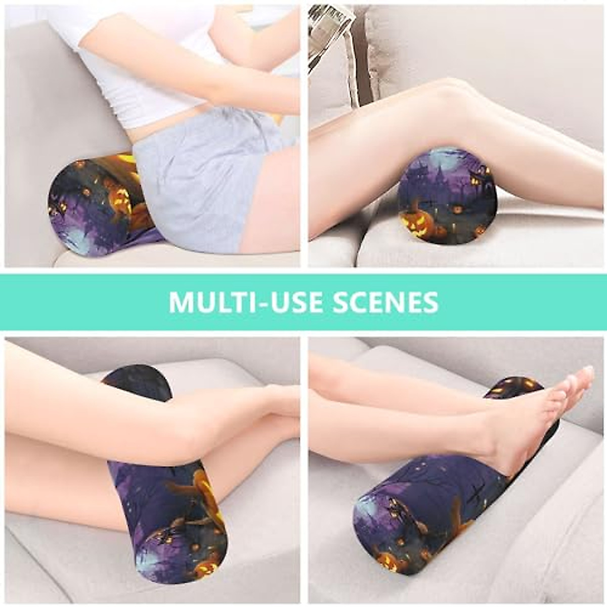 xigua Halloween Pumpkin Neck Roll Pillow for Neck Relief with Removable Washable Cover - Memory Foam Round Cylinder Bolster, Ergonomically Designed for Head, Neck, Back, and Legs