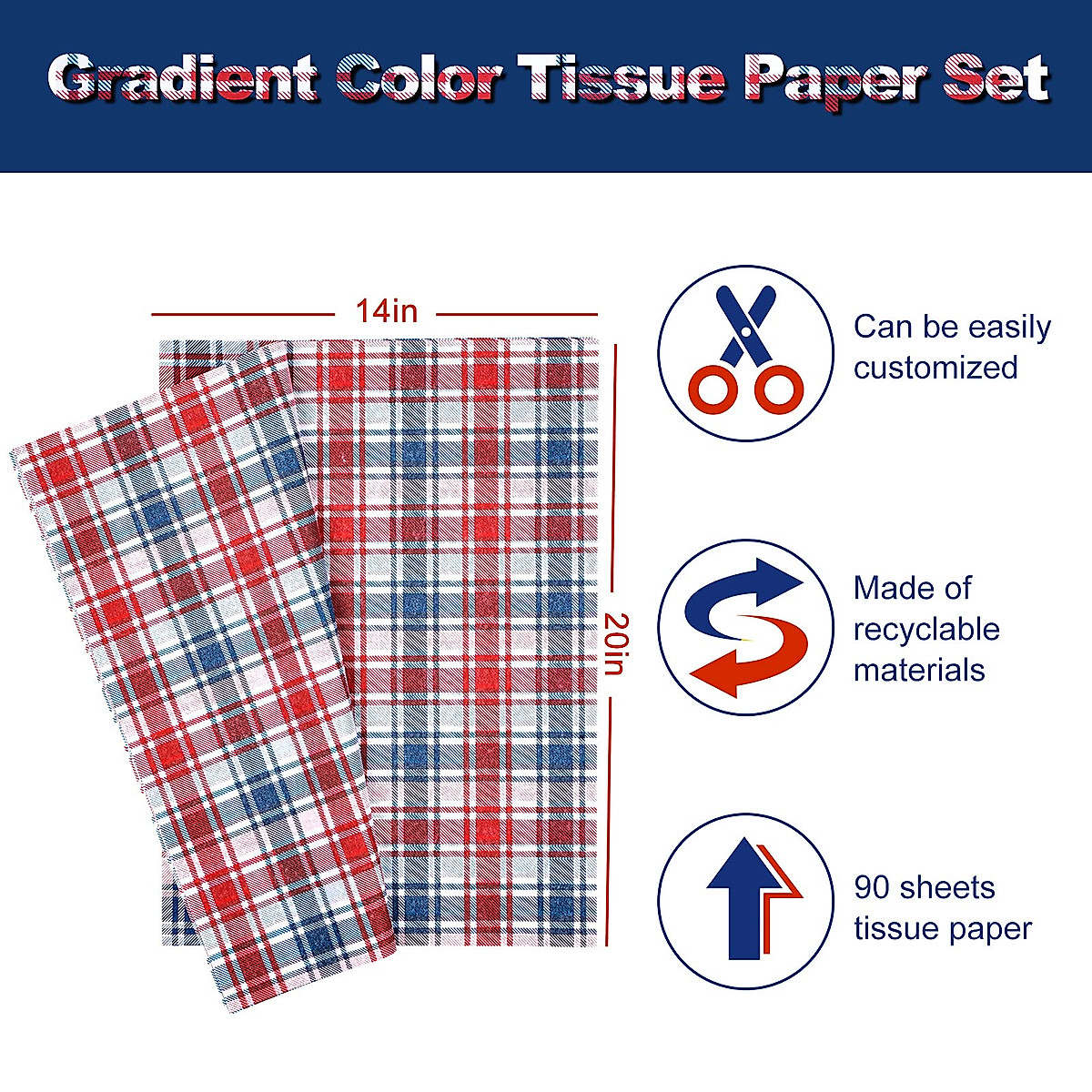 Whaline 4th of July Tissue Paper 90 Sheet Patriotic Stars Stripes Pattern Tissue Paper 6 Design Red Blue White Wrapping Paper Holiday Art Tissue for Independence Day DIY Gift Packing Party Favor