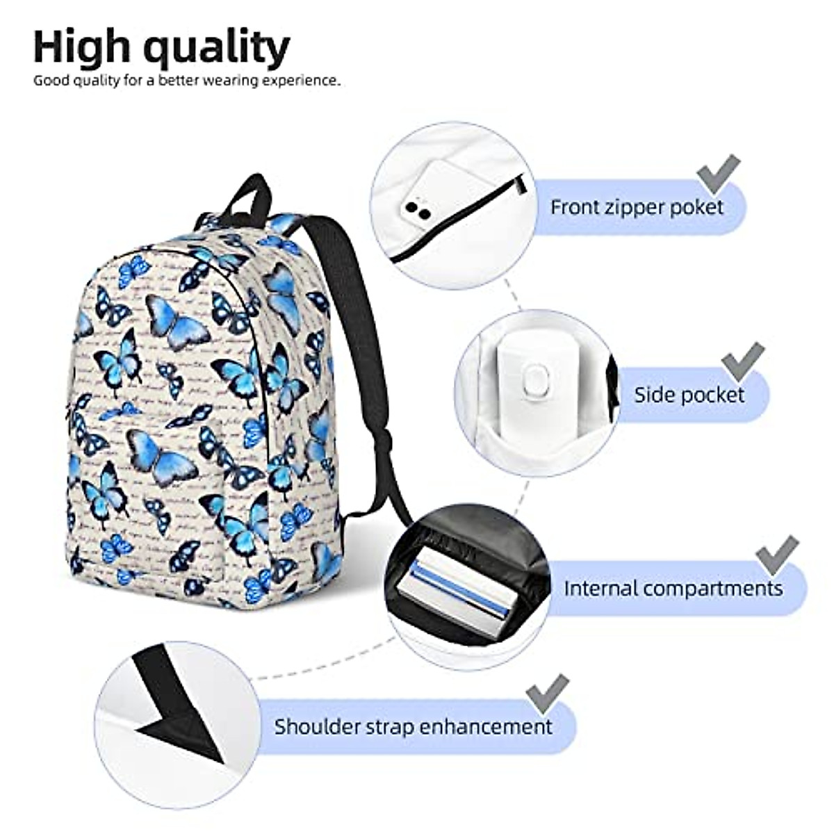 XBFCDN Vintage Blue Butterfly Backpack For Men Women Extra Large Travel Backpacks Fits 17 Inch Laptop