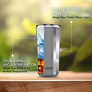 The Clean Hydration Company Tumbler Insulated with Lid, Double-Wall Vacuum, 20 Oz Travel, Office Tumbler, Hot & Cold Drinks, Ceramic Interior, Spill-Proof, BPA-Free, No Metal Taste