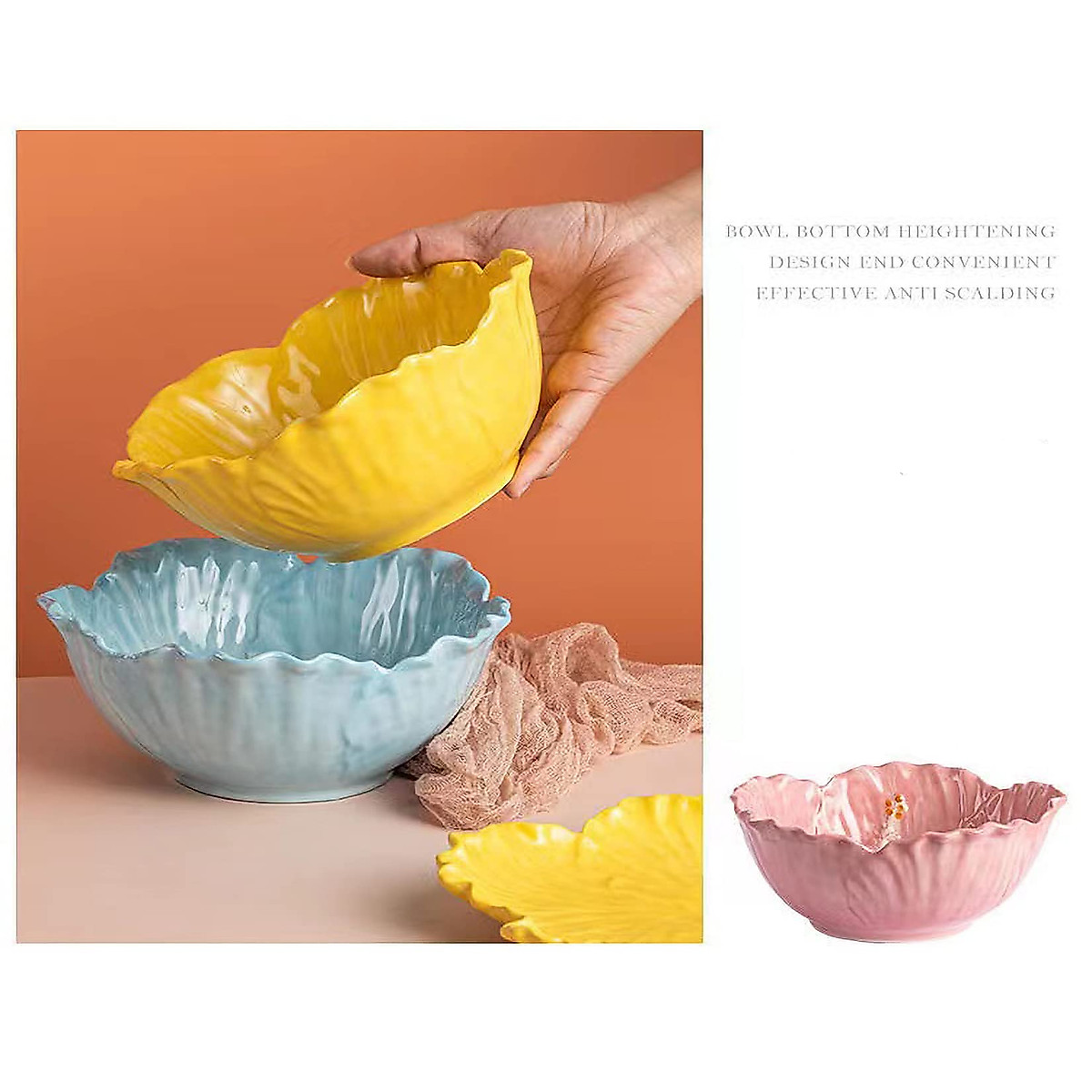 AwakingWaves Cute Handmade Ceramic Cereal Bowl with Hibiscus Designs for Fruit, Salad and Soup,Sculpted Flower-Shaped Candy Pink Bowl for Kitchen, Microwave and Dishwasher Safe, Party Decor