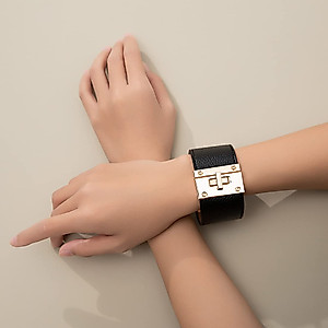 Rantanto Braid Leather Wrap Bracelet Trendy Stackable Crystal Cuff Boho Gold Heart Bracelet Jewelry Gift For Women, Wide Black