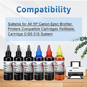 AYMSous 6-Pack Universal Ink Refill Kit for All HP Canon Epsn Brother Printers Compatible Cartridges Refillable Cartridge CISS CIS System with 6 Syringes(6x100ML 3BK, 1C. 1M, 1Y)