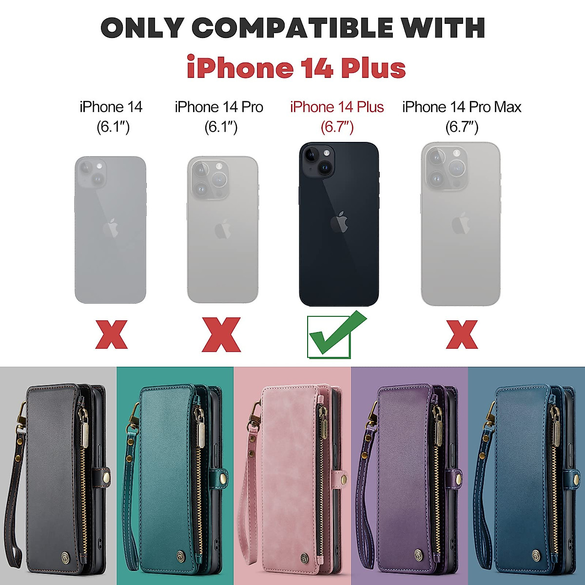 Defencase for iPhone 14 Plus Case, RFID Blocking for iPhone 14 Plus Wallet Case for Women and Men with Card Holder Zipper PU Leather Protective Cover for iPhone 14 Plus Phone Case, Blue Green