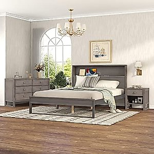 CITYLIGHT 3 Piece Queen Bedroom Set, Wood Queen Size Platform Bed with USB Port, One Nightstand and 6 Drawers Dresser, Queen Bedroom Furniture Set for Kids Teens Adults, Antique Grey
