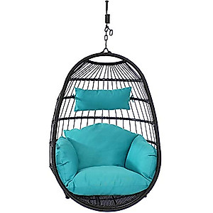 Sunnydaze Penelope Black Steel and Polyethylene Wicker Hanging Egg Chair with Turquoise Polyester Seat Cushions - Bohemian Single Lounge Chair Swing - Collapsible Nylon Rope Back - 45-Inch Tall