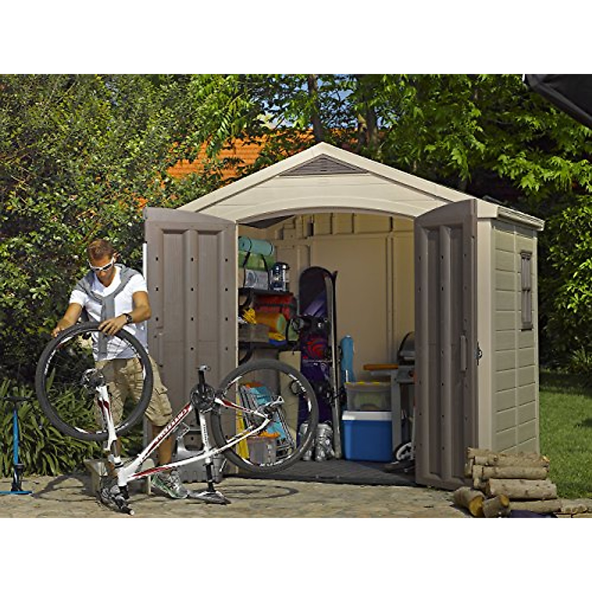 Keter Factor 8x6 Large Resin Outdoor Shed for Patio Furniture, Lawn Mower, and Bike Storage, Taupe/Brown