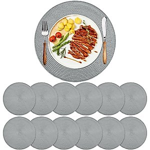 Round Woven Placemats Set of 12, 15 Inch Gray Placemats, Washable Circle Place Mats for Dining Tables Non-Slip Table Mats