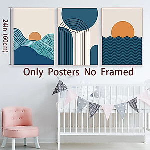 Boho Wall Art Decor Set of 3 Mid Century Blue Modern Rainbow Wall Decor 16x24in Canvas Paintings Print Minimalist Line Sun And Moon Artwork For Bedroom Living Room Nursery Aesthetic Bathroom