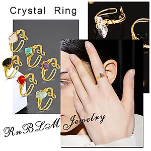 RnBLM JEWELRY 6 PCS Healing Crystal Ring for Women Irregular Crystal Gold Wire Wrapped Ring Gemstone Carnelian Rose Quartz Amethyst Evil Eye Tiger Eyes Adjustable Crystal Ring Set