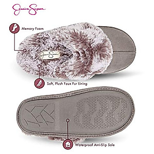 Jessica Simpson Women's Comfy Faux Fur House Slipper Scuff Memory Foam Slip on Anti-Skid Sole, Grey, Small