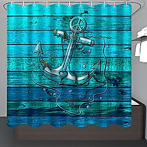 Jefuzh 4 Pcs Anchor Shower Curtain Sets, Nautical Anchor Rustic Wood Shower Curtain for Bathroom Decor, Waterproof Shower Curtain with 12 Hooks, Non-Slip Rug, Toilet Lid Cover and Bath Mat - Blue