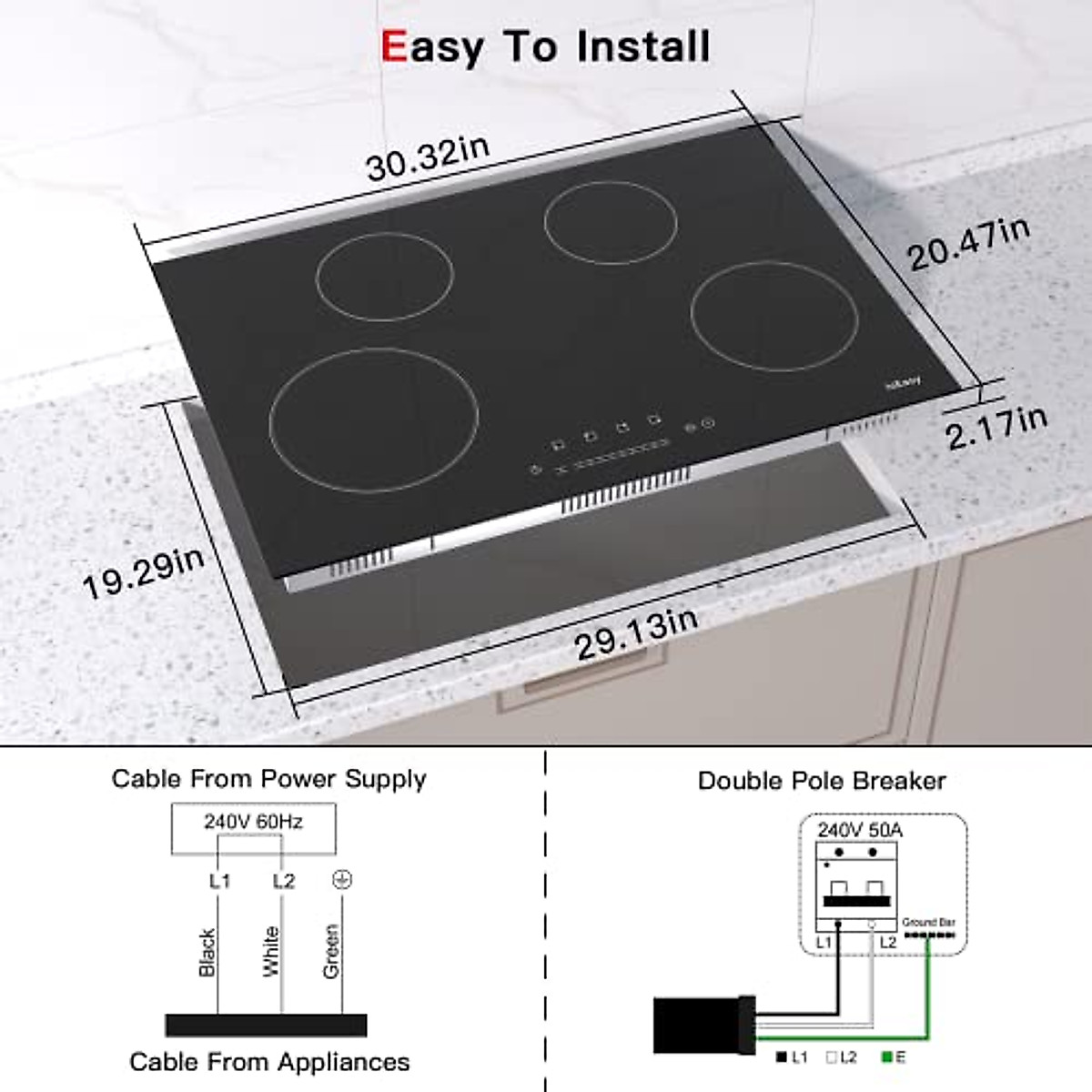 Electric Cooktop 30 inch Ceramic Stove 4 Burners Built-in Stove Top Electric Hot Plate Satin Glass cooktop in Black Touch Sensor Control/Timer/Child Safety Lock/9 Power Levelsr/220-240V 6700W