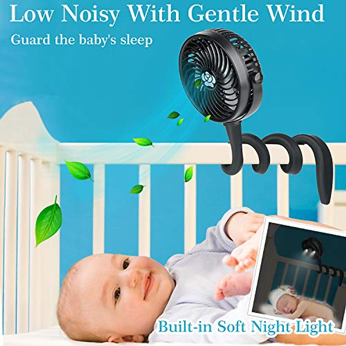 Portable Fan, Baby Stroller Fan, Mini Small Fan with Flexible Stand, USB or Battery Powered Rechargeable Fan for Bedroom Crib Desk Treadmill Car Bike Seat, 360 Rotation (Black)…