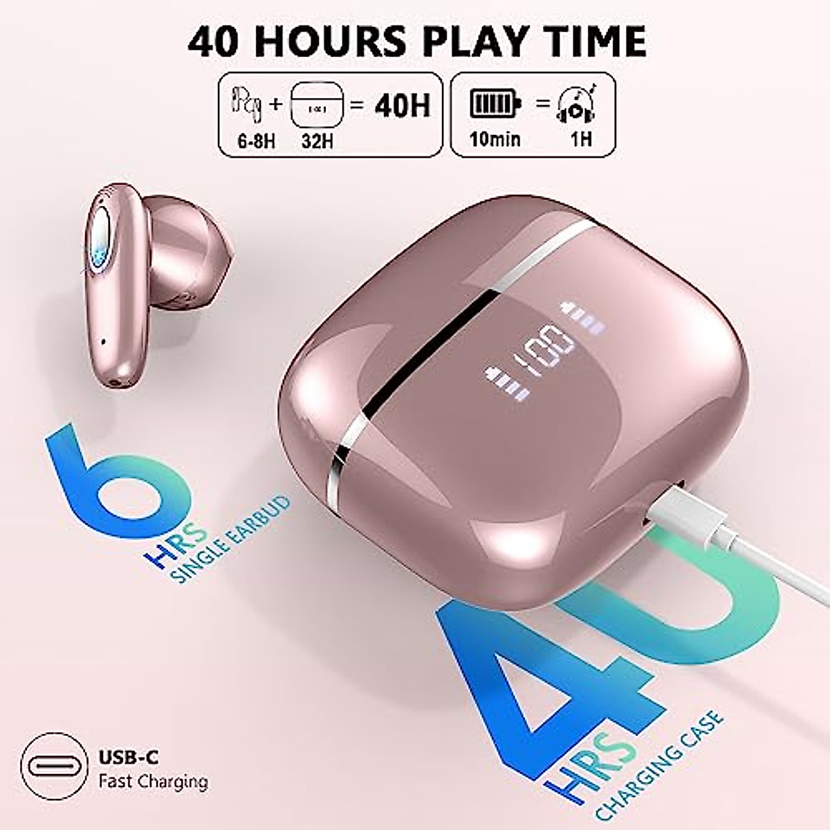 Wireless Earbuds, Bluetooth Earbuds with 4 HD Mic, 2023 Light Weight in-Ear Bluetooth 5.3 Headphones, 40Hrs Playtime Ear Buds with LED Charging Case/IP7 Waterproof/Sport Earphones for Android iOS
