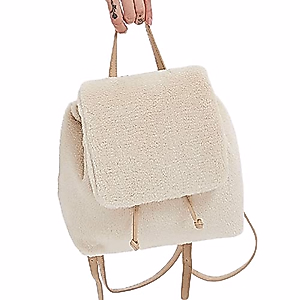 DQinLit Plush Backpack Purse Bag Small Soft Faux Fur Cute Furry Stylish Casual Handbags Off-White
