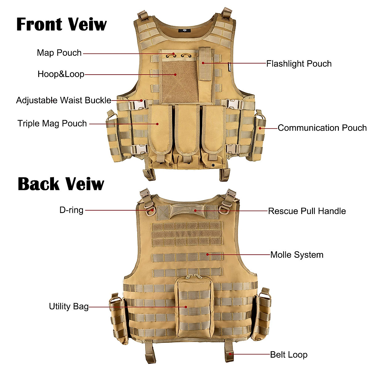 MGFLASHFORCE Tactical Airsoft Vest Adjustable Modular Paintball Vest (Tan)