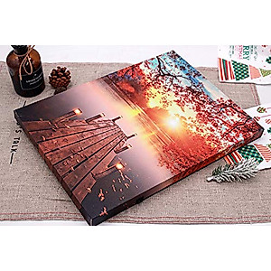 BetyHom Red Maple Sunrise Scenery by the Lake Canvas Wall Art with Lighted Candles LED (15.8x11.8 in)