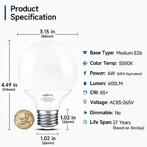 SHINESTAR 8-Pack Vanity Light Bulbs, Daylight 5000K, 60w Equivalent, G25 LED Globe Light Bulbs for Bathroom Mirror, 600LM, E26 Medium Base, Non-dimmable