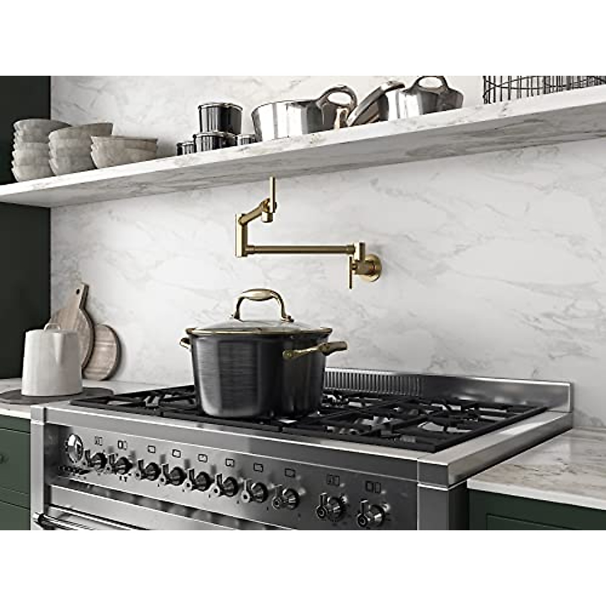 Braccia Series 24" Wall Mounted Pot Filler in Brushed Gold | 24” Reach Spout Solid Brass Two Handle Dual Shut-Off Valve Double Joint Swing Arm Wall Mount Kitchen Folding Faucet | KF-AZ258BG