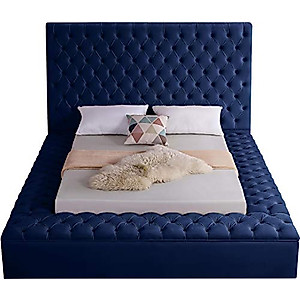 Meridian Furniture Bliss Collection Modern | Contemporary Velvet Upholstered Bed with Deep Button Tufting and Storage Compartments in Rails and Footboard, Queen, Navy