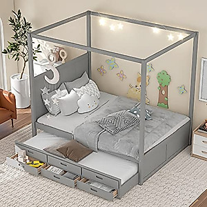 BOVZA Queen Size Canopy Platform Bed with Twin Trundle and 3 Storage Drawers, Wood Daybed Frames for Kids Teens Boys Girls,Gray