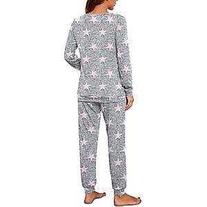 PrinStory Womens Pajama Set Long Sleeve Sleepwear Nightwear Soft Pjs Lounge Sets With Pockets FP-Pink Star-Large