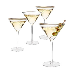Hand Blown Gold Rim Martini Glasses - Set of 4-10 oz, 24K Gilded Classic Vintage Glasses For Martinis, Cocktails, Champagne, Water & Wine - Classic Coupes Gilded Rimed, Crystal Coupe with Stems