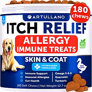 Artullano Dog Allergy Relief Chews - Dog Itching Skin Relief Treatment Pills - Itchy and Paw Licking - Anti-Itch Support - Immune Skin & Coat Supplement - Dry Skin and Hot Spots - 180 Treats
