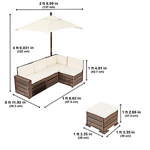 KidKraft Wooden Outdoor Sectional Ottoman & Umbrella Set with Cushions, Patio Furniture for Kids or Pets, Bear Brown & Beige