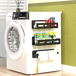 Mamajardin 5 Pack Magnetic Spice Rack for Refrigerator with Paper Towel Holde, Metal Spice Rack Organizers with 4 Moveable Hooks, Black Magnetic Shelf for Fridge Storage, Perfect Gifts