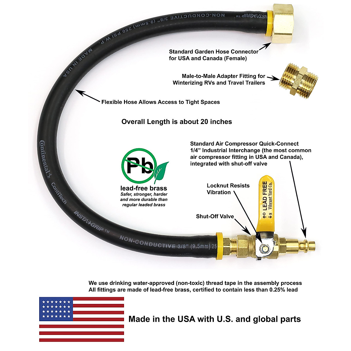 Winterize Sprinkler System, Outdoor Faucet, RV, Camper, and Travel Trailer: Air Compressor Plug To Garden Hose Faucet Blow Out Adapter (Lead-Free Brass) with Male-to-Male Fitting, 20" Long