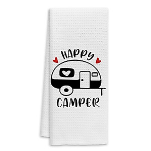 Voatok Happy Camper Camping Hand Towels Kitchen Towels Dish Towels,Cartoon RV Camping Decor Towels,Campers Camping Lovers Adventurers Men Gifts