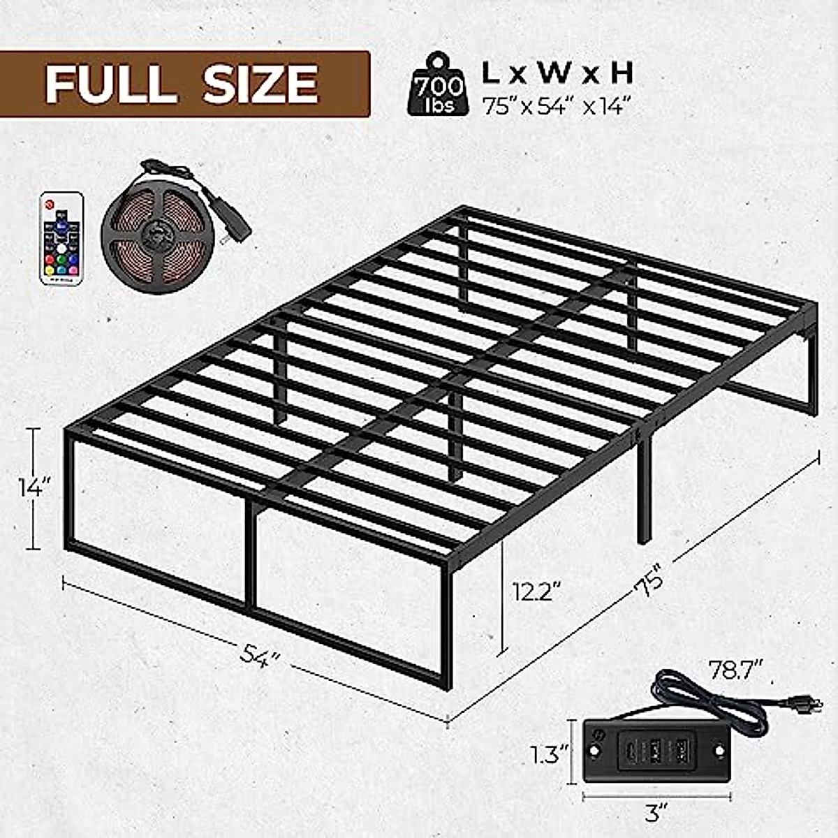 Rolanstar Bed Frame with USB Charging Station, Full Bed Frame with LED Lights, Platform Bed Frame with Heavy Duty Steel Slats, 14" Storage Space Beneath Bed