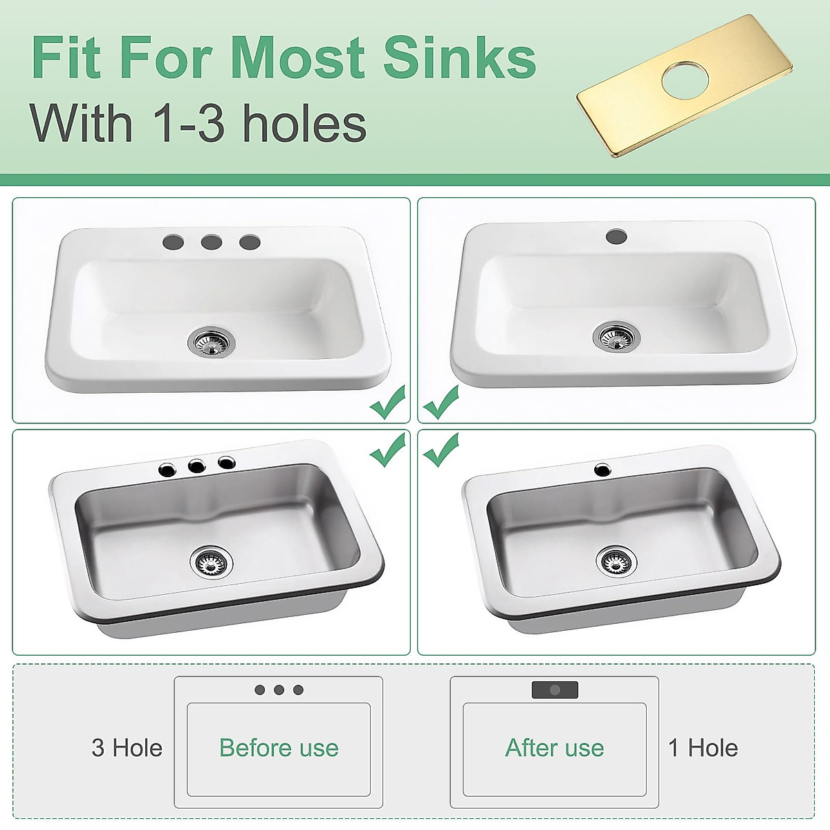 M METERXITY Faucet Deck Plate, 6 Inch Square Hole Cover Deck Plate for Bathroom/Kitchen Sink, 304 Stainless Steel Escutcheon Faucet Plate [Brushed Gold]