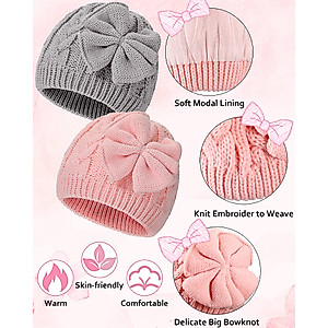 SATINIOR 6 Pieces Baby Winter Hats Infant Winter Warm Knitted Hat Gloves Set Toddler Beanie Mitten Gloves Set Newborn Baby Classic Beanie Warm Knitted Hats with Bow, Gray, White and Pink