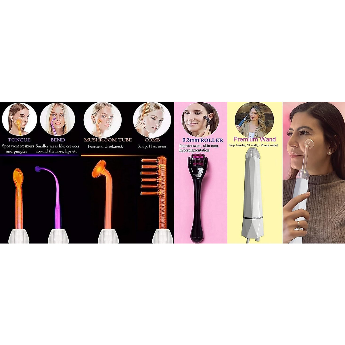 Lift Wand FX Premium High Frequency Wand w/ 5 Attachments Includes 0.3mm Micro-Needle Roller High Frequency Facial Device| Anti-Aging Skin Tightening Facial Wand 20 Watts