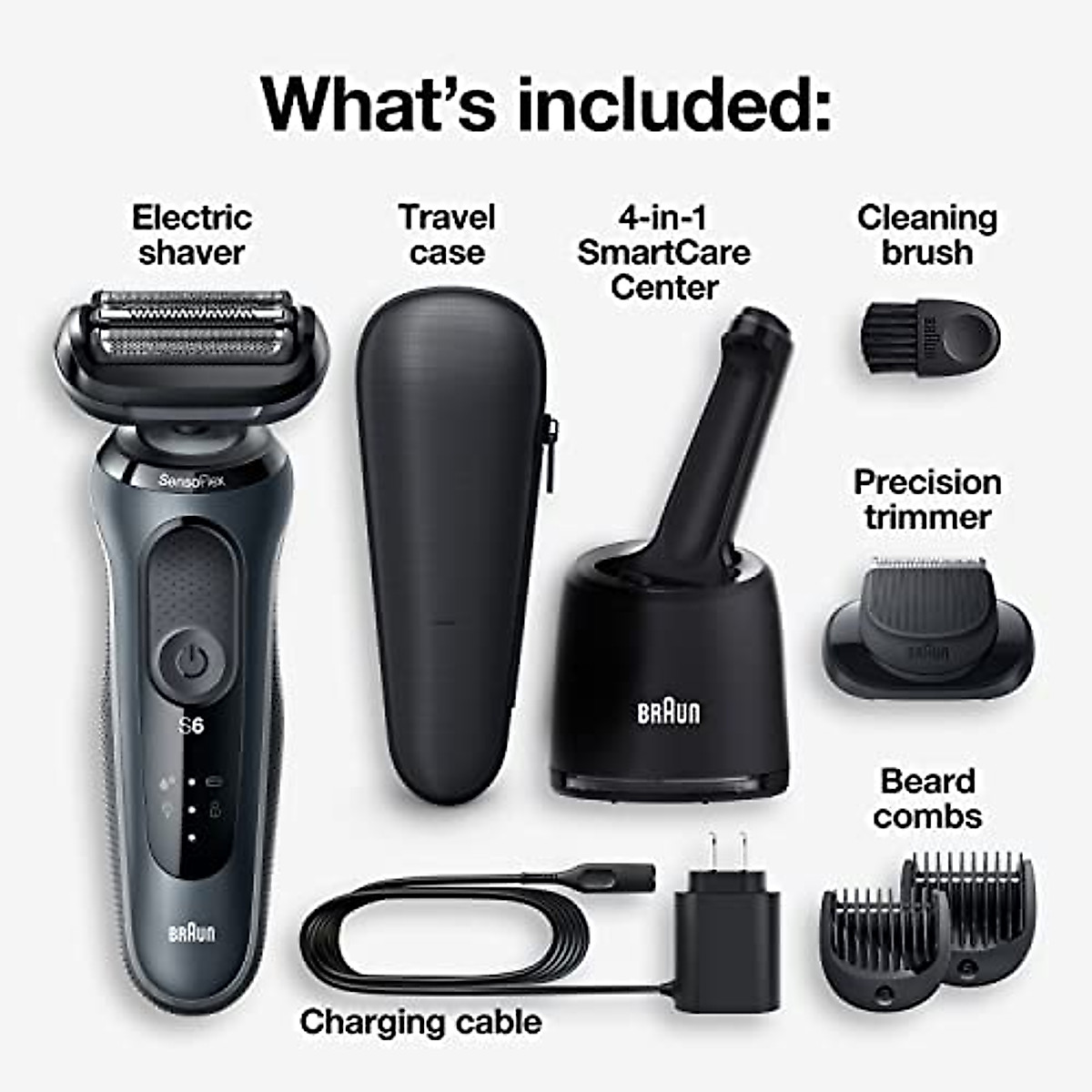 Braun Electric Shaver for Sensitive Skin, Wet & Dry Shave, Series 6 6075cc, With Beard Trimmer, Clean & Charge SmartCare Center, and Leather Travel Case, Rechargeable, Black