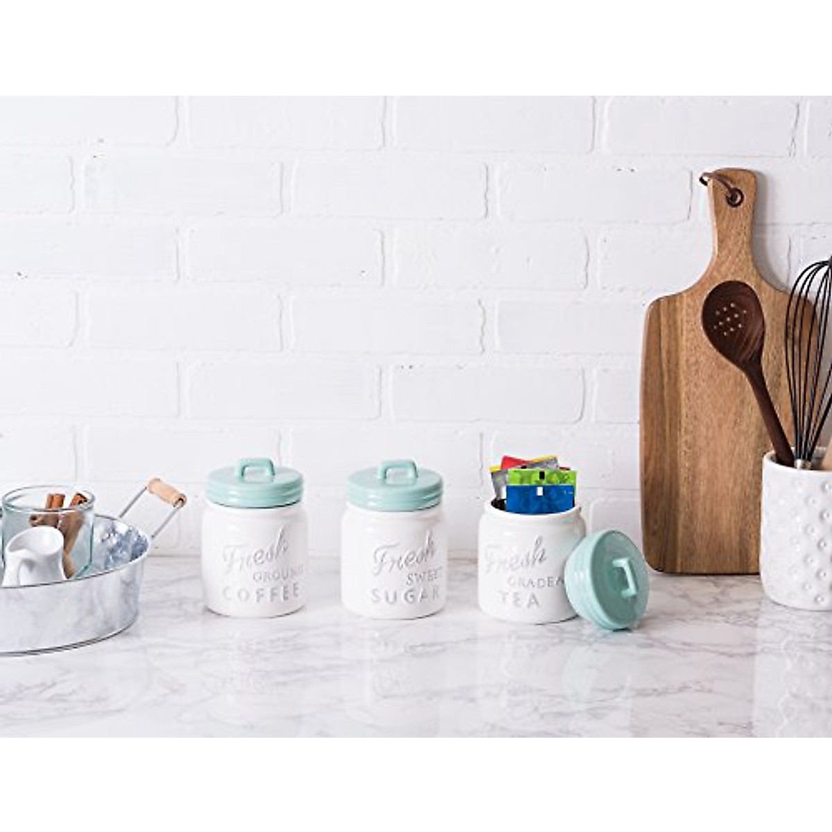 DII Kitchen Accessories Collection Ceramics, Jar Canister Set, Aqua, 3
