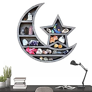 Wooden Crystal Display Shelf, Star On The Moon Shape Crystal Holder for Crystals Stones, Essential Oils Small Plant and Art, Hanging Floating Shelves Gothic Witchy Decor Wall Décor for Home, Office