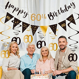 60th Birthday Decoration Kit, Happy 60th Birthday Banner Bunting Swirls Streamers, Triangle Flag Banner for Birthday Party Decorations Supplies Black and Gold 60th